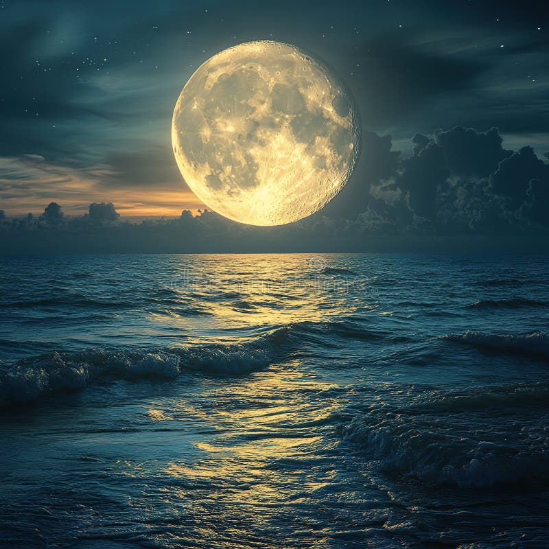 Full Moon Over Ocean Waves at Night Stock Illustration - Illustration ...