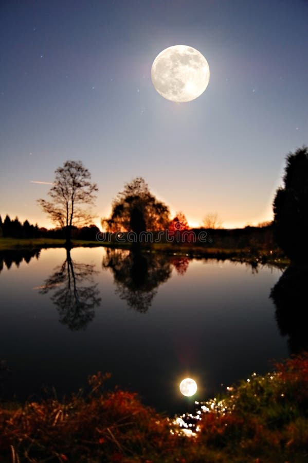 Full moon over pond stock image. Image of moon, glow, landscape - 5389281