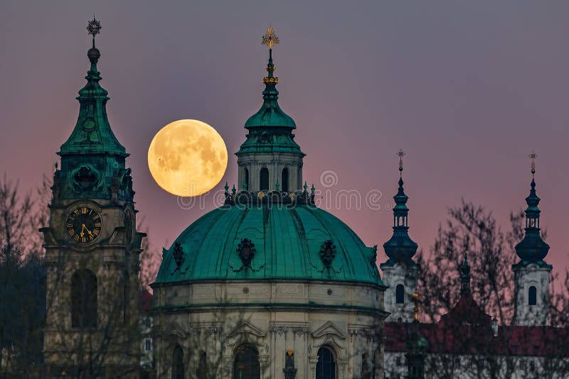 Full Moon Over Prague and the Strahov Monastery Stock Photo - Image of ...