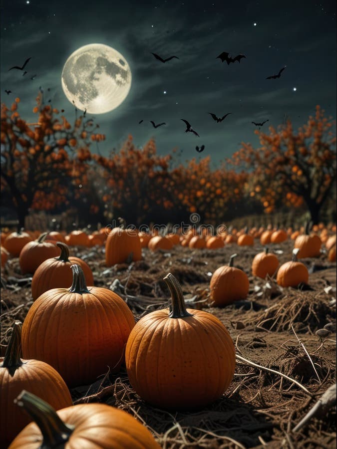 Full Moon Over Pumpkin Patch with Bats Flying at Night: AI Generated ...