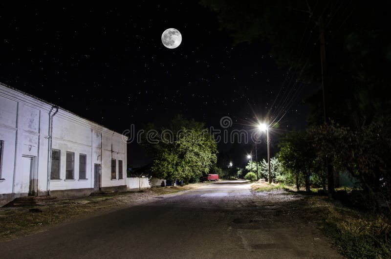 Full Moon Over Quite Village at Night. Beautiful Night Landscape of Old ... Full Moon Over Quite Village at Night. Beautiful Night Landscape of Old ...