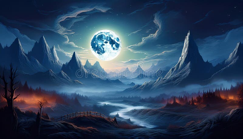 Full moon over the river stock illustration. Illustration of river ...