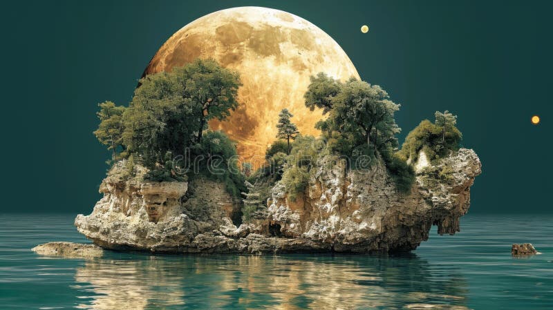 A Full Moon Over a Rock Island in the Middle of Water, AI Stock Image ...