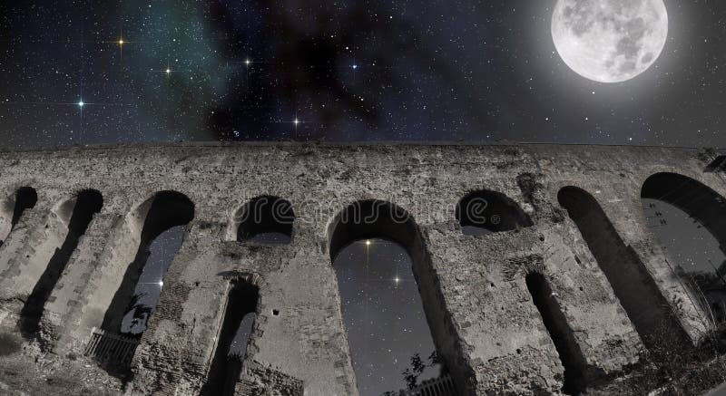 Full Moon Over the Roman Aqueduct Stock Photo - Image of moon, cosmos ...