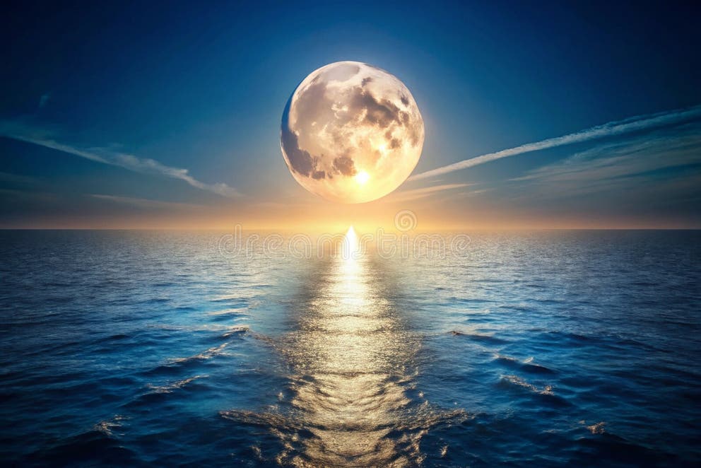 Full Moon Over Sea with Moon Path Stock Illustration - Illustration of ...