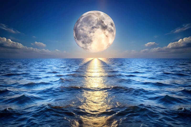 Full Moon Over Sea with Moon Path Stock Illustration - Illustration of ...