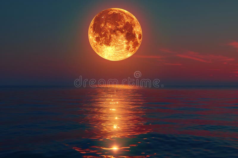Of a Full Moon Over the Sea. a Red Orange Colored Moon in the Sky with ...