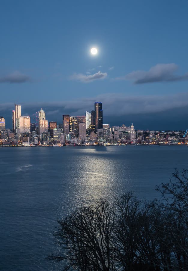 Full Moon Over Seattle 3 stock photo. Image of urban - 172267208