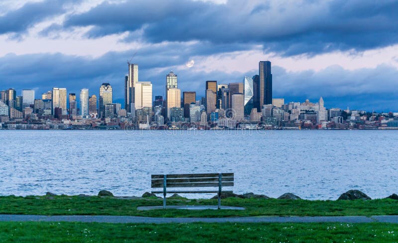 Full Moon Over Seattle 4 stock photo. Image of skyscrapers - 173857966