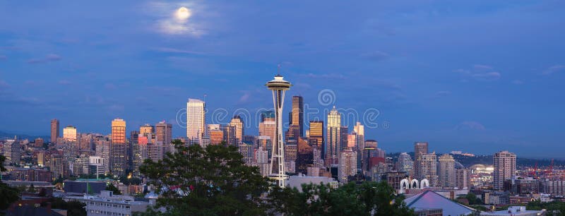 Full Moon Over Seattle Washington Skyline Panorama Stock Photo - Image ...