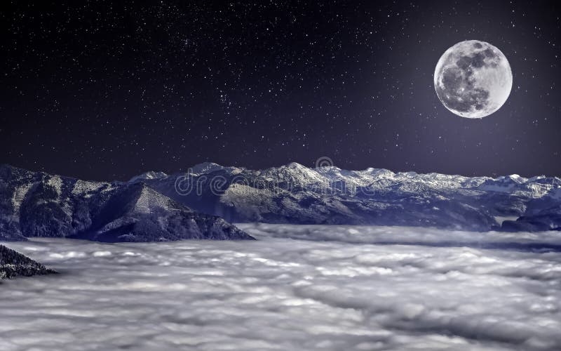 The Full Moon Over Snowy Alps, Above Clouds, Under the Starry Sky Stock ...