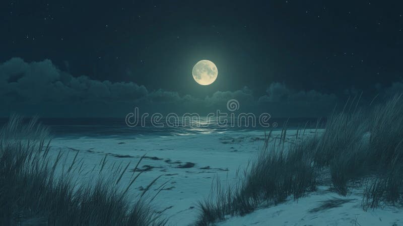 Full Moon Over Snowy Beach at Night Stock Illustration - Illustration ...