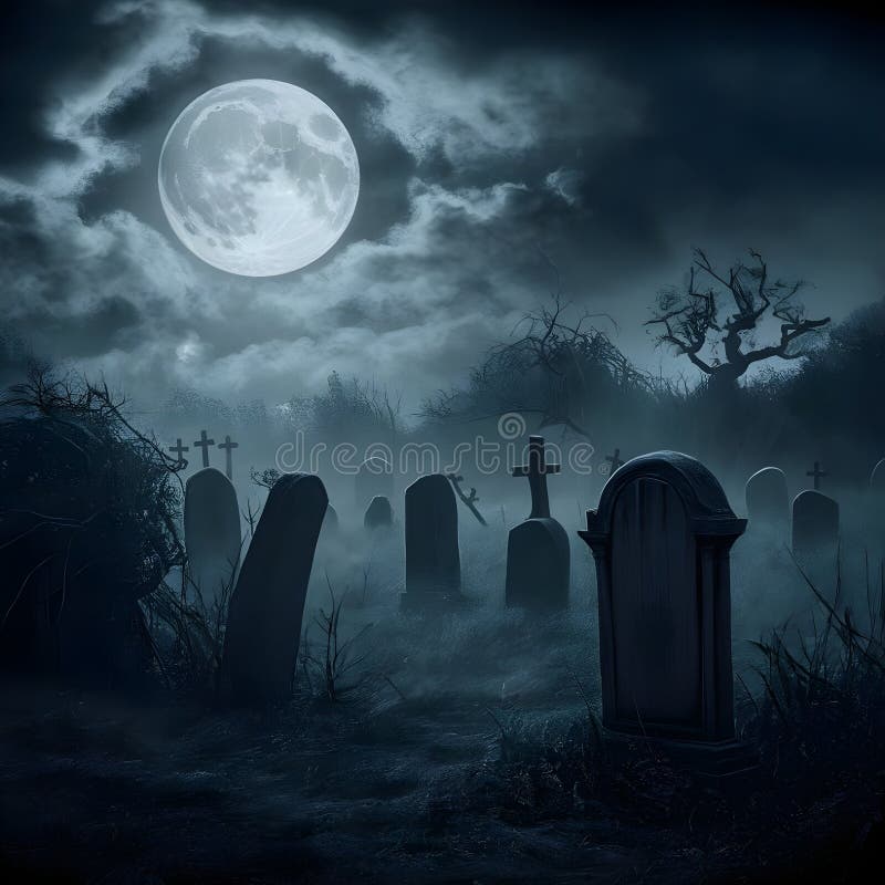 Full Moon Over a Spooky Fog-filled Graveyard Stock Photo - Image of ...