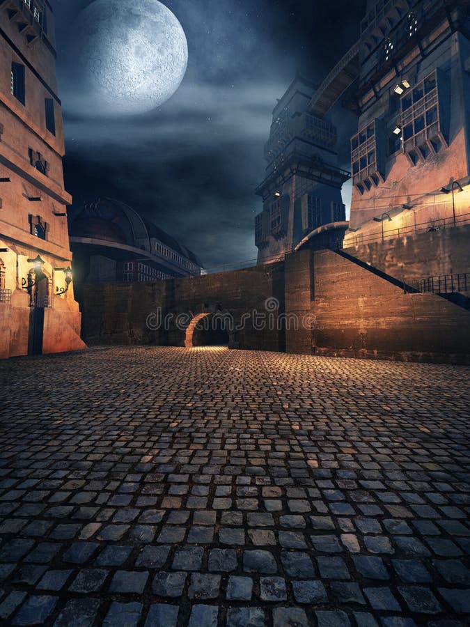 Full moon over the street stock illustration. Illustration of street ...