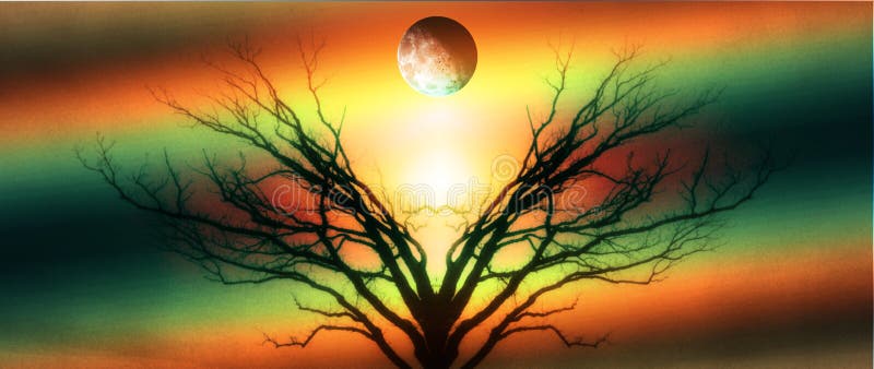 Full Moon Over Symmetrical Tree Stock Illustration - Illustration of ...