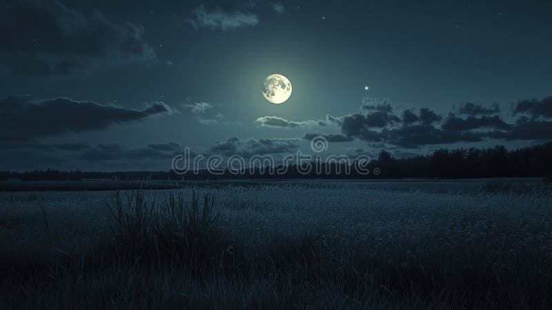 Full Moon Over Tranquil Field at Night Stock Image - Image of dark ...