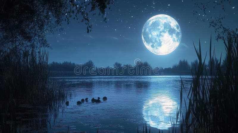 Full Moon Over Tranquil Lake with Silhouettes Stock Illustration ...