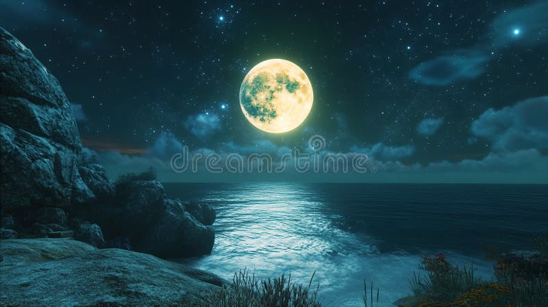 Full Moon Over Tranquil Ocean at Night Stock Image - Image of glow ...