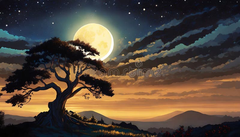 Full Moon Over Lake with Magical Forest Stock Illustration ...