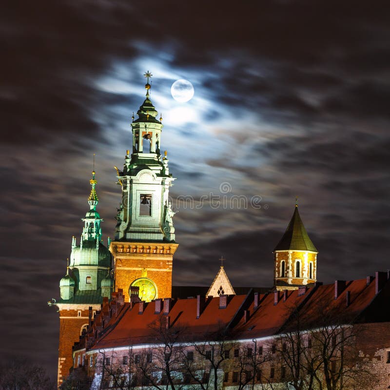 Full Moon Over Wawel Castle in Krakow, Poland Stock Photo - Image of ...
