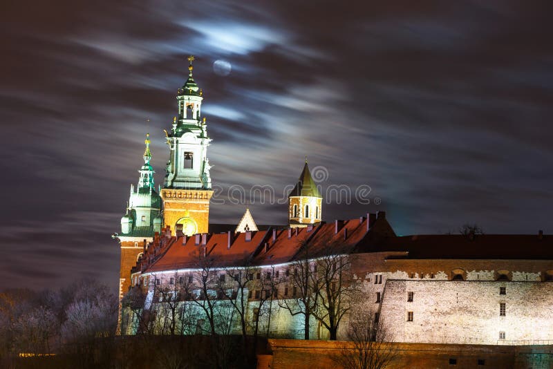 Full Moon Over Wawel Castle in the Night in Krakow Stock Photo - Image ...