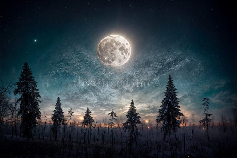 Full Moon Over the Winter Forest at Night Stock Illustration ...