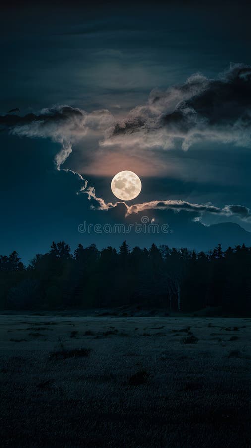 Full Moon Peeks through Dark Clouds, Casting an Eerie Glow Stock ...