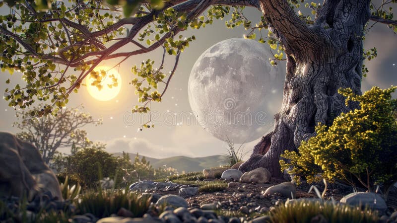 A Full Moon Peeks Out Behind a Gnarled Tree, Casting Ethereal Shadows ...