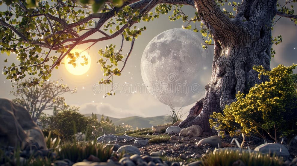 A Full Moon Peeks Out Behind a Gnarled Tree, Casting Ethereal Shadows ...