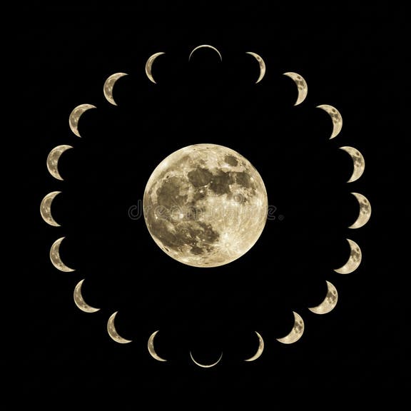 A Full Moon Prominently Features at the Center, Surrounded by the Various Phases of Stock ...