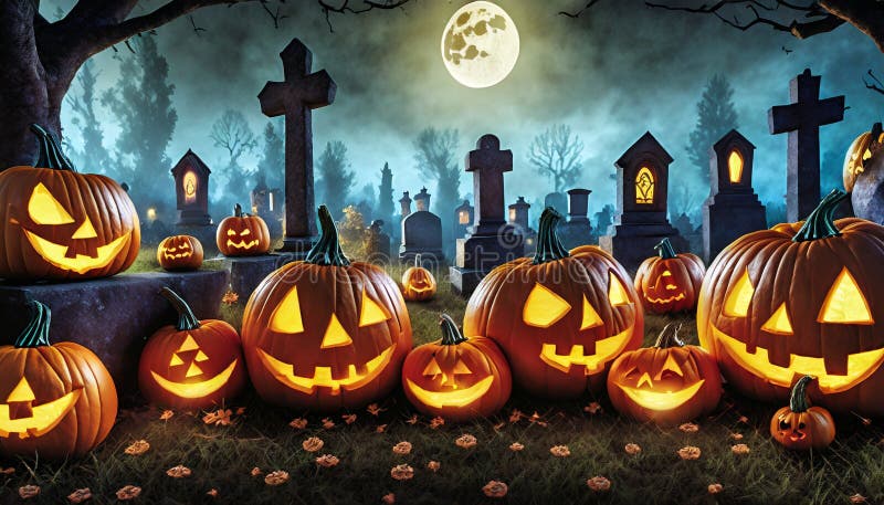 Full Moon with Pumpkins and Graveyard on Background Stock Illustration - Illustration of ...