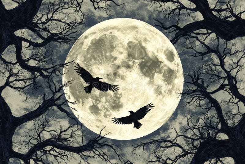 Full Moon Ravens stock illustration. Illustration of silhouette - 342132075