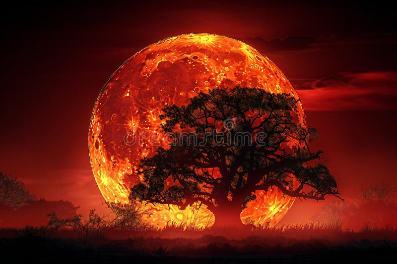 Full Moon, Red Sky, Dead Tree Silhouette, Fantasy, Horror, Scary Stock ...