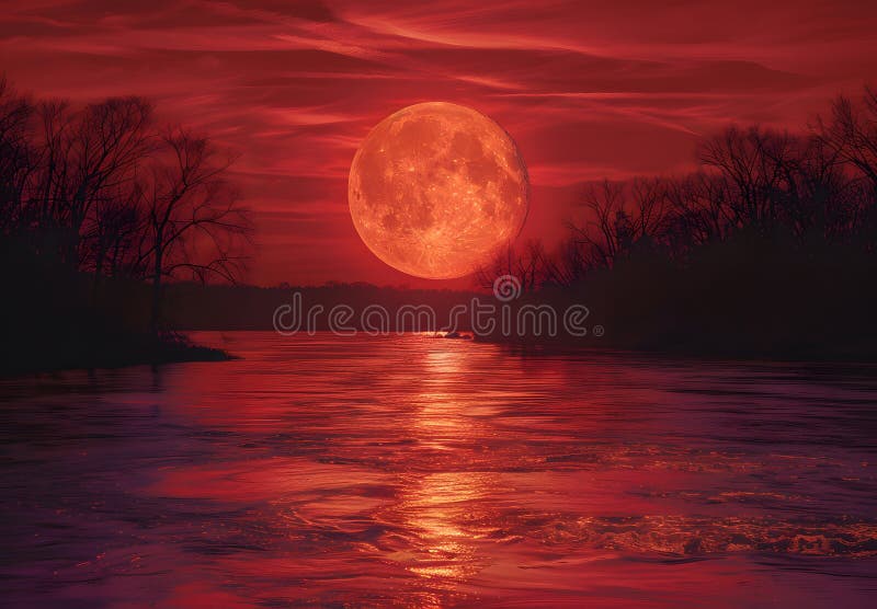 Full Moon Over River, Red Sky, Hyper Realistic Stock Illustration ...