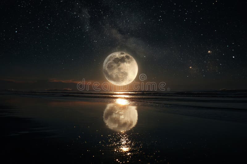Full Moon Reflected in Calm Lake Water with Empty Sky. Stock Photo ...