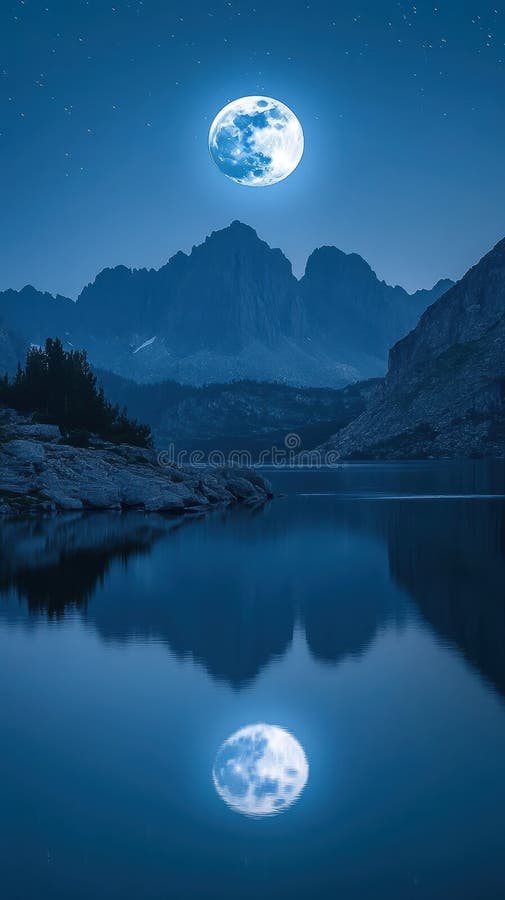 Full Moon Reflected in Still Mountain Lake Stock Illustration ...