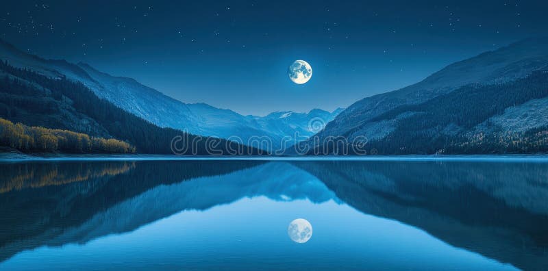 Full Moon Reflected in a Still Mountain Lake Stock Illustration ...
