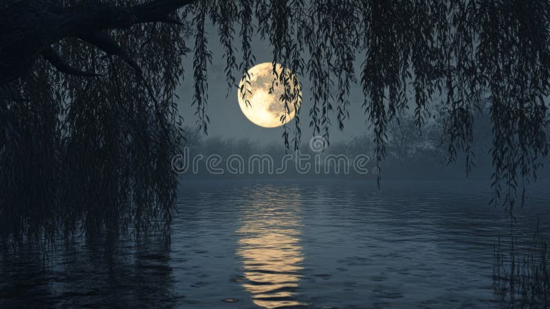 Full Moon Reflected in Still Water with Weeping Willow Branches ...