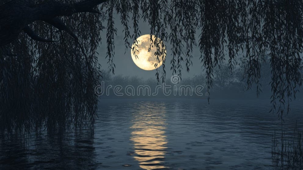 Full Moon Reflected in Still Water with Weeping Willow Branches ...