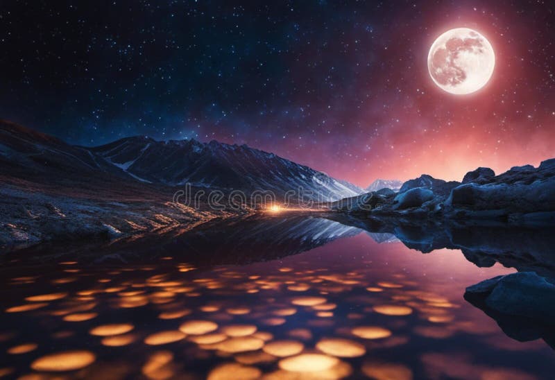 Full Moon Reflected in the Still Waters of a Lake Surrounded by ...