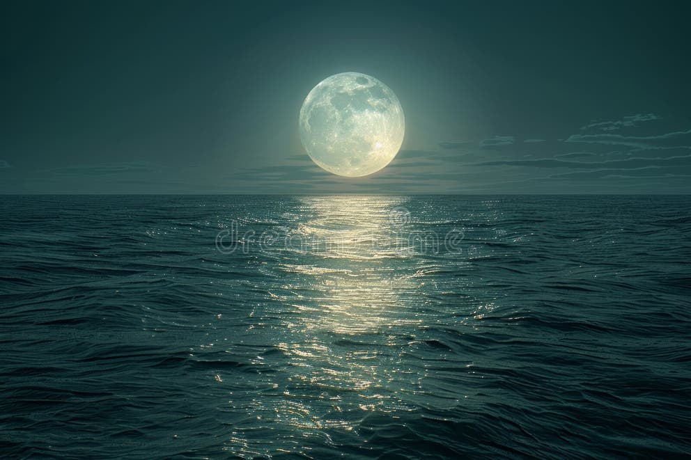 Full Moon Reflecting on Calm Ocean at Night Stock Image - Image of ...