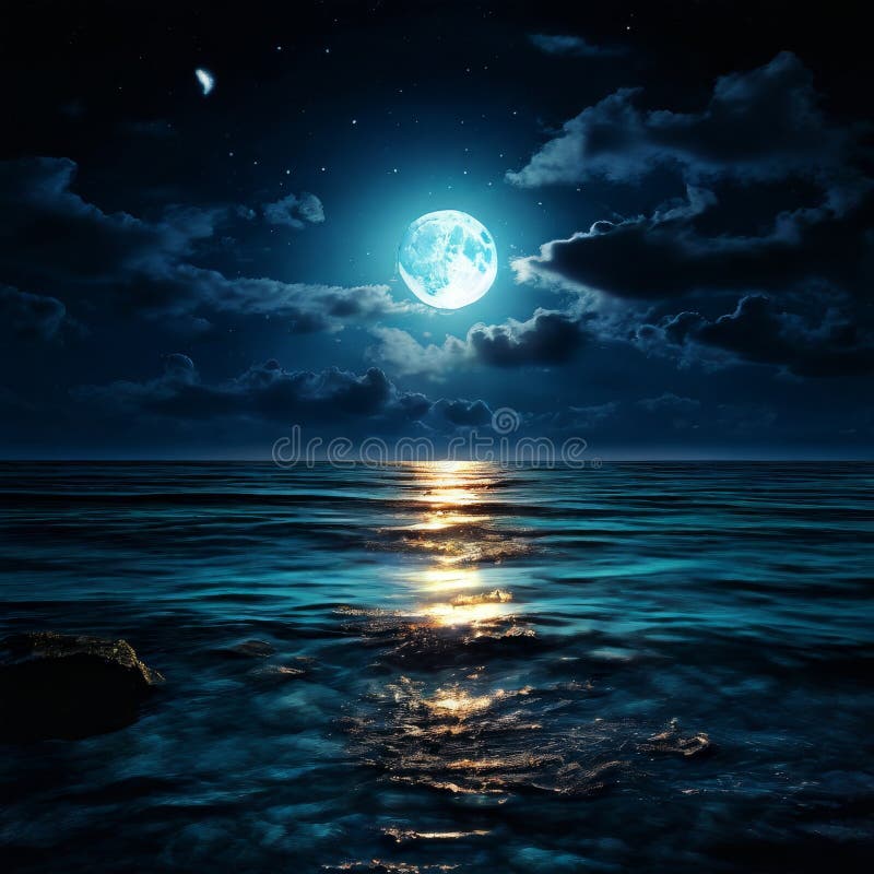 Full Moon Reflecting on Calm Ocean at Night Stock Photo - Image of ...