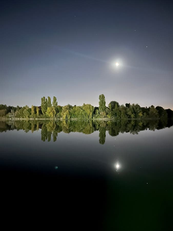 Full Moon Reflecting on Lake with Trees, Landscape View Stock Photo ...