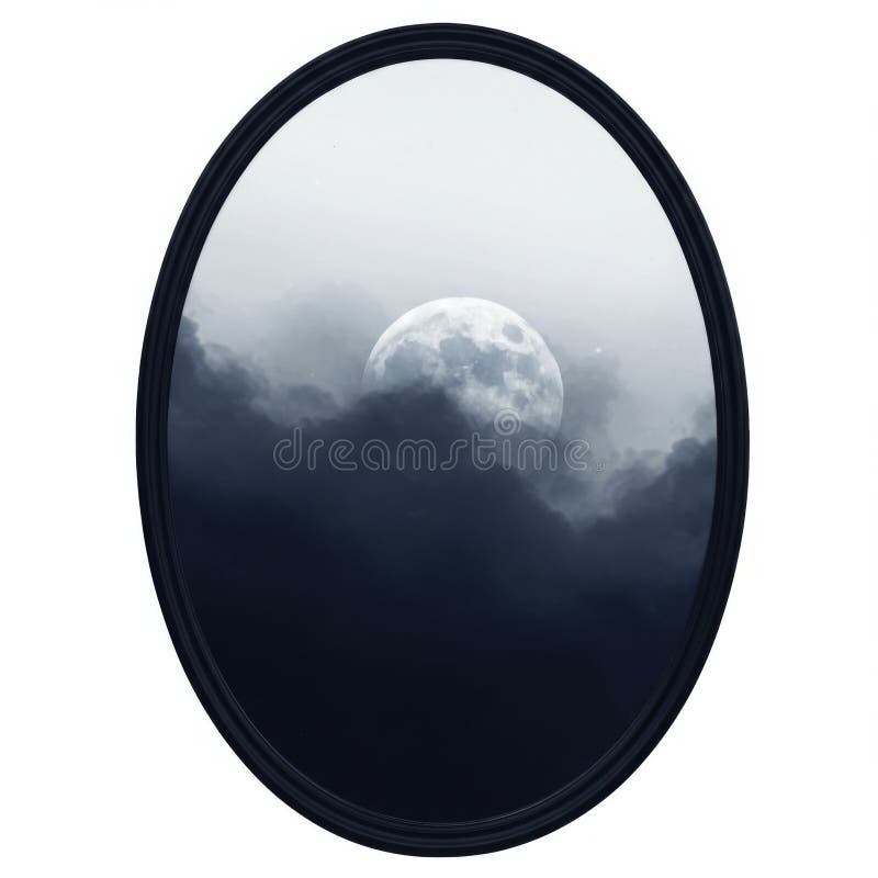 Full Moon Reflecting in Oval Mirror Surrounded by Dark Clouds in Night ...