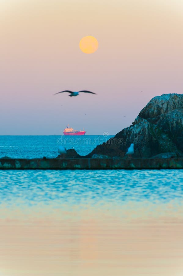 Full Moon Reflecting on Pool on Coast Stock Image - Image of dark ...