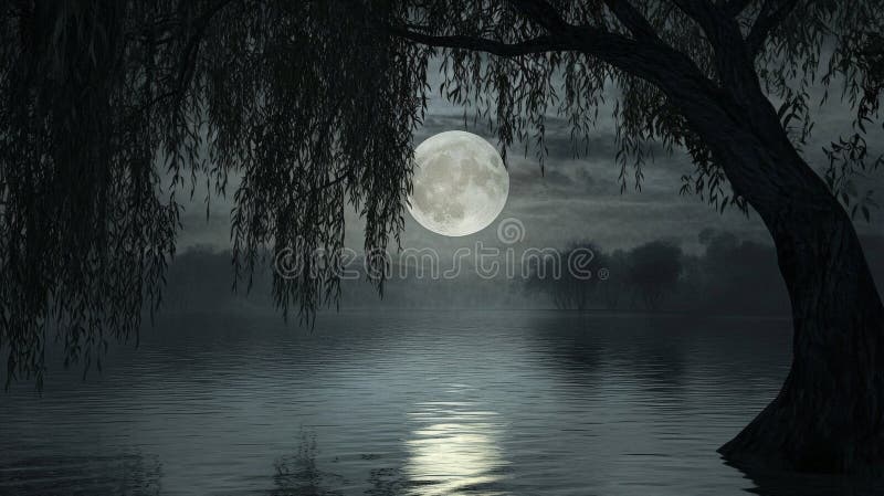 A Full Moon Reflecting on a Still Lake Under a Weeping Willow Stock ...