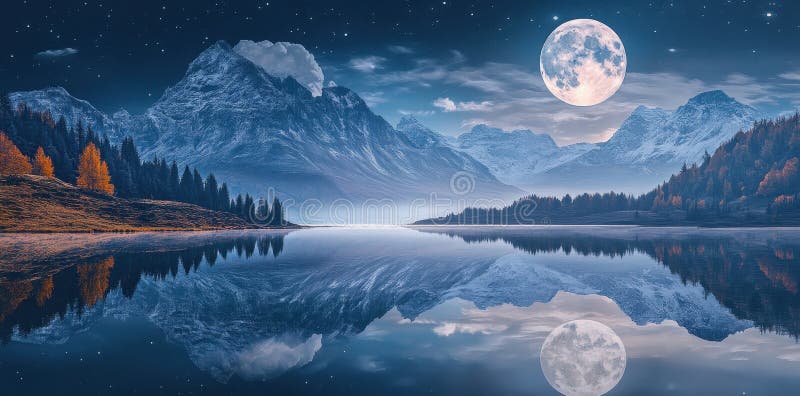 Full Moon Reflecting on a Tranquil Mountain Lake Stock Illustration ...