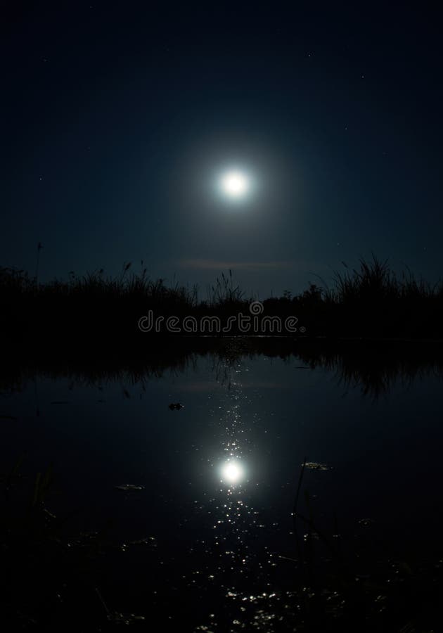Full Moon Reflection in Dark Water at Night Stock Image - Image of calm ...