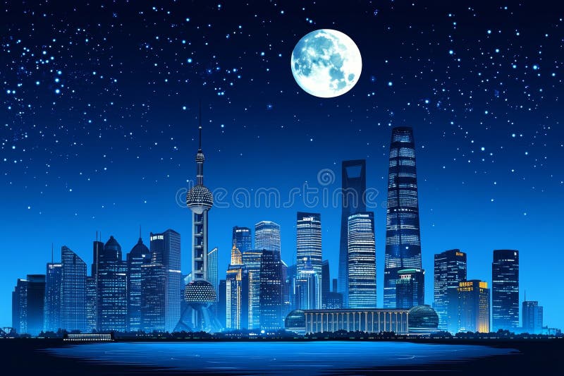 A Full Moon Reflection Illuminates the Cityscape at Night Stock Photo ...