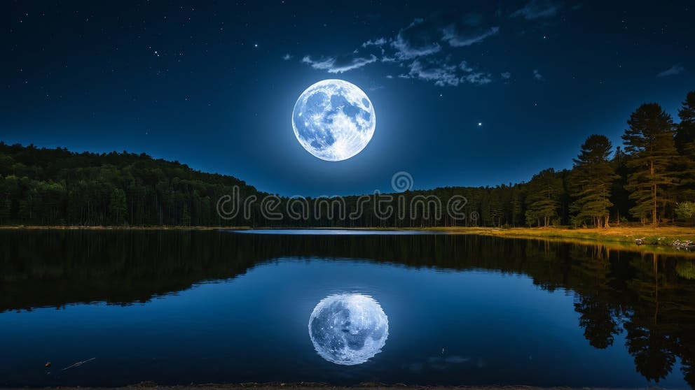 Full Moon Reflection Over Serene Forest Lake at Night Stock Photo ...